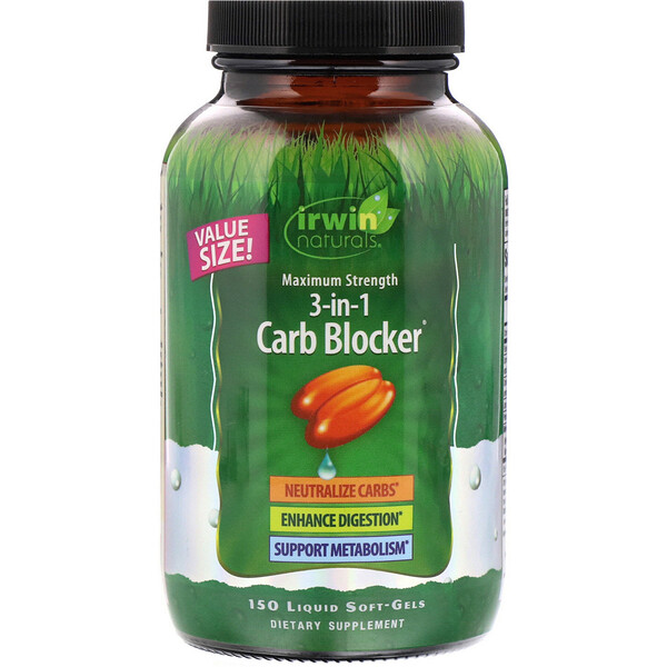 Irwin Naturals, 3-in-1 Carb Blocker, Maximum Strength, 150 Liquid Soft ...